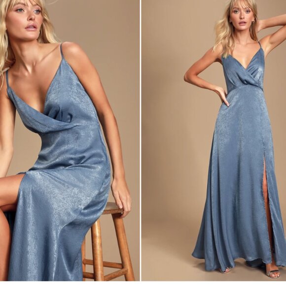 Lulus | Dresses | Constantine Slate Blue Satin Maxi Dress | Poshmark